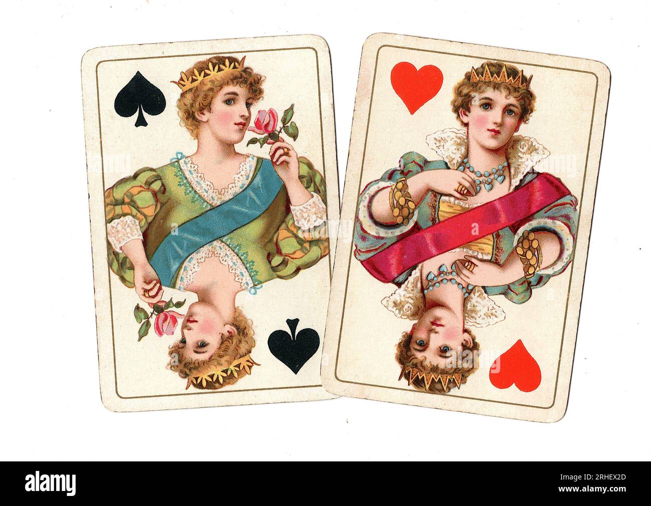 Antique playing cards featuring a pair of queens on a white background ...