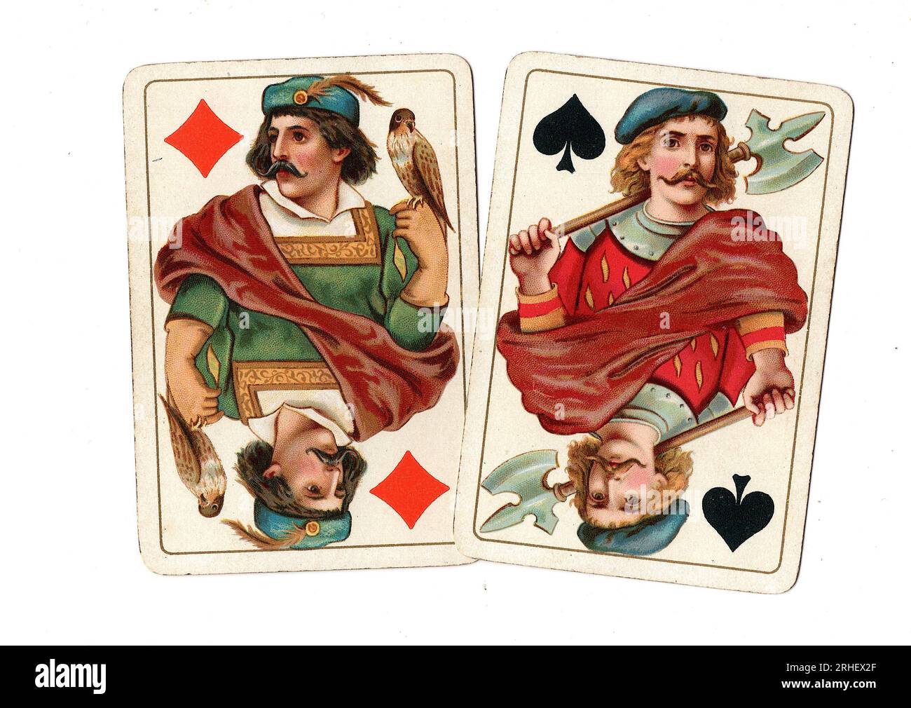 Antique playing cards featuring a pair of jacks on a white background ...