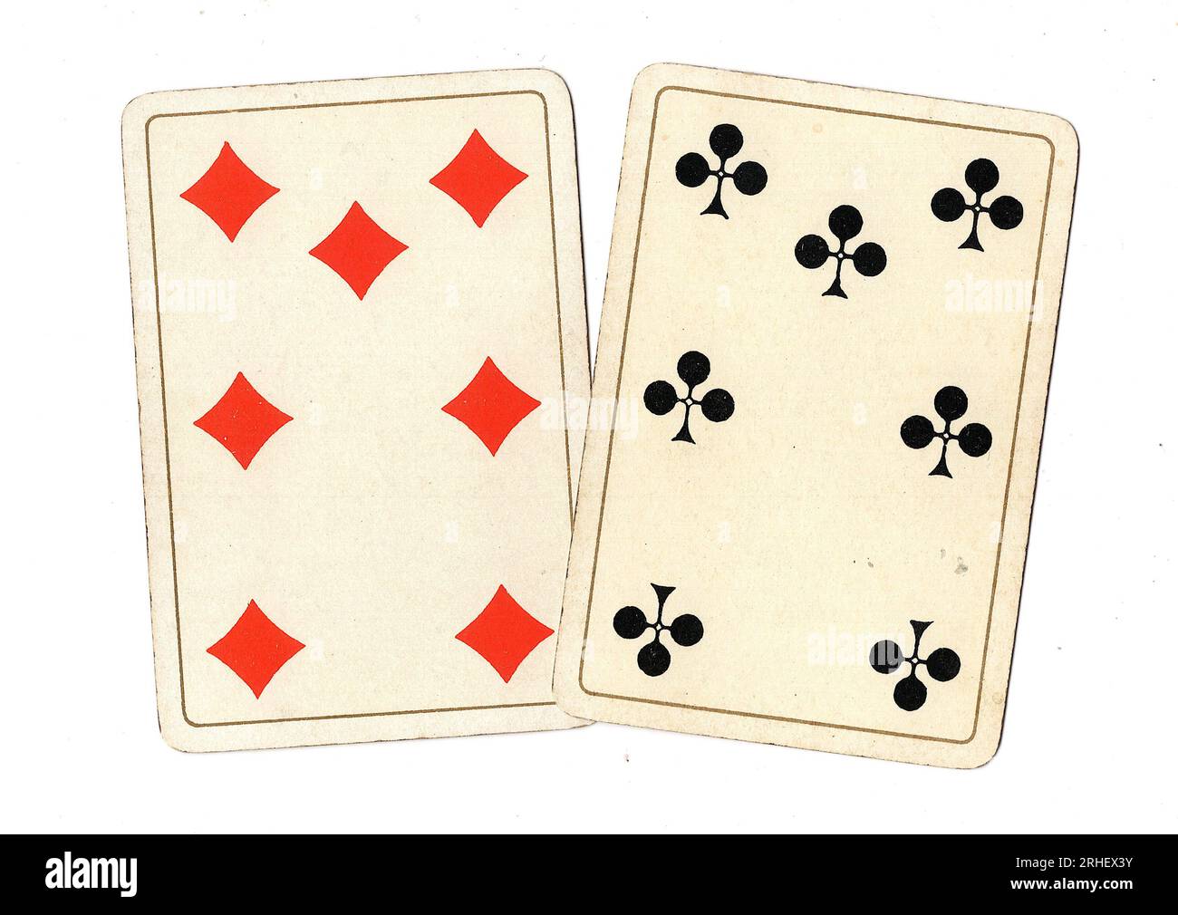 Antique playing cards featuring a pair of sevens on a white background ...