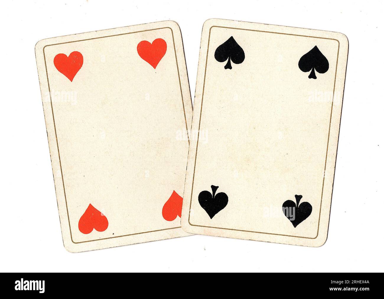 Antique playing cards featuring a pair of fours on a white background ...