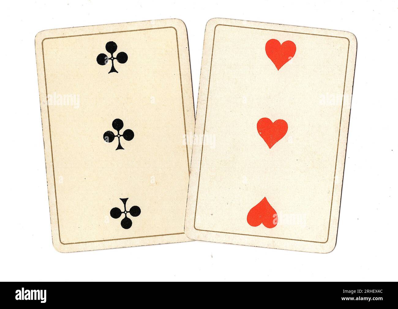 Antique playing cards featuring a pair of threes on a white background ...