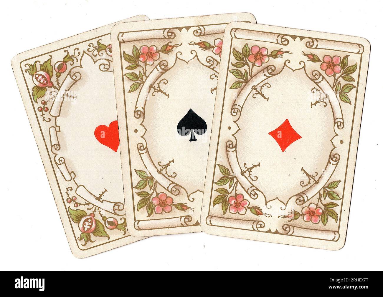 Antique playing cards featuring three aces on a white background Stock ...