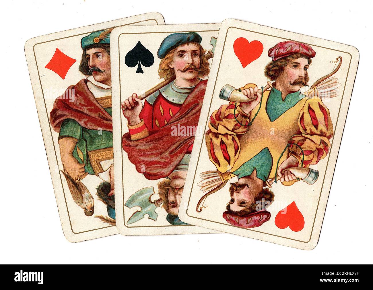 Antique playing cards featuring three jacks on a white background Stock ...