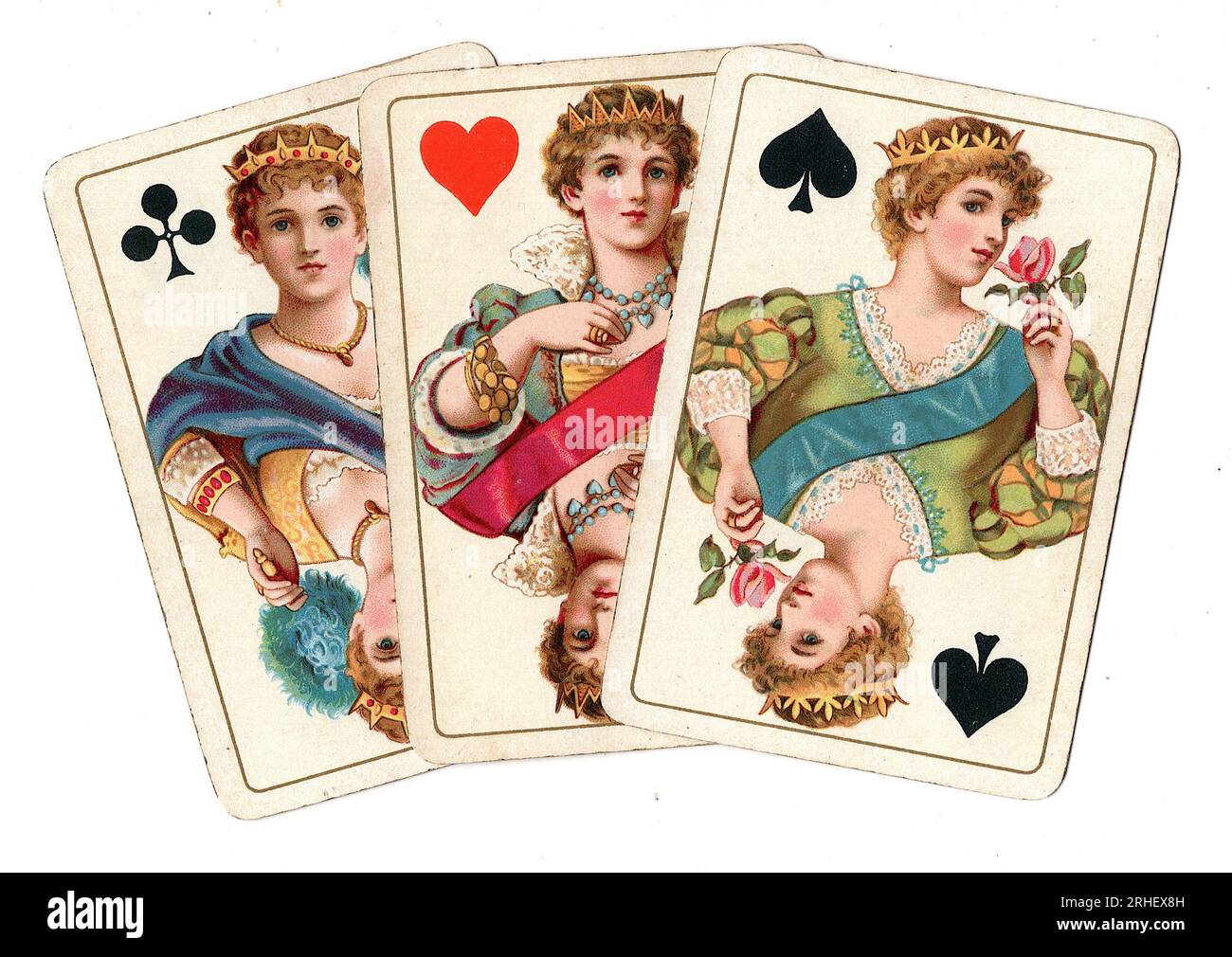 Antique playing cards featuring three queens on a white background ...