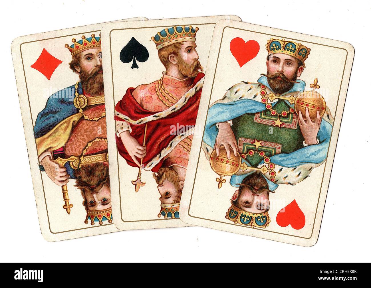 Antique playing cards featuring three kings on a white background Stock ...