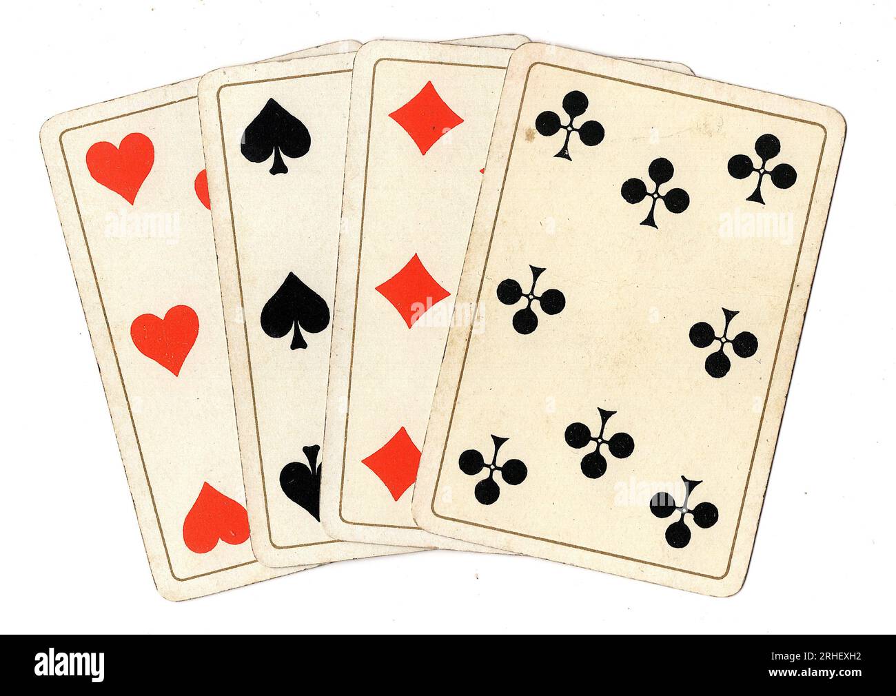 Antique playing cards showing four eights on a white background Stock ...
