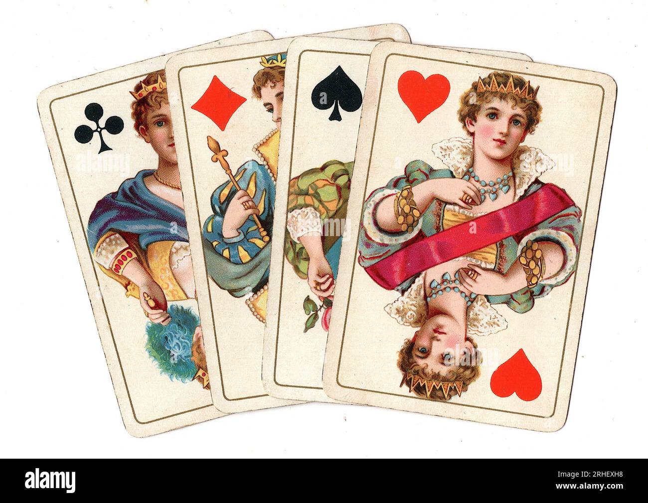 Antique playing cards showing four queens on a white background Stock ...