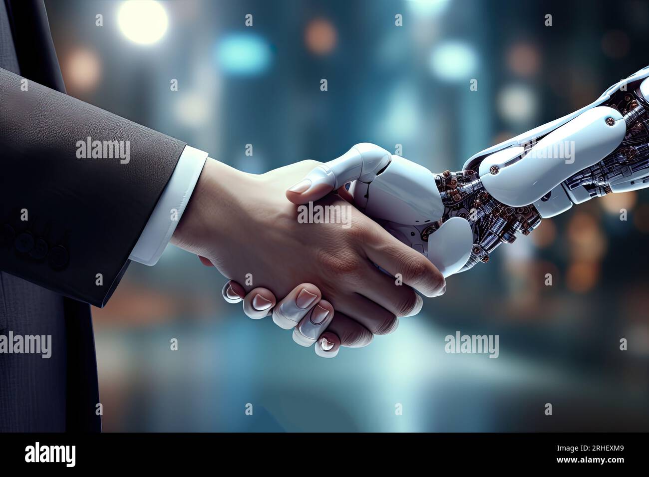 Business Human and Robot hands in handshake. Artificial intelligence technology Design Concept ...