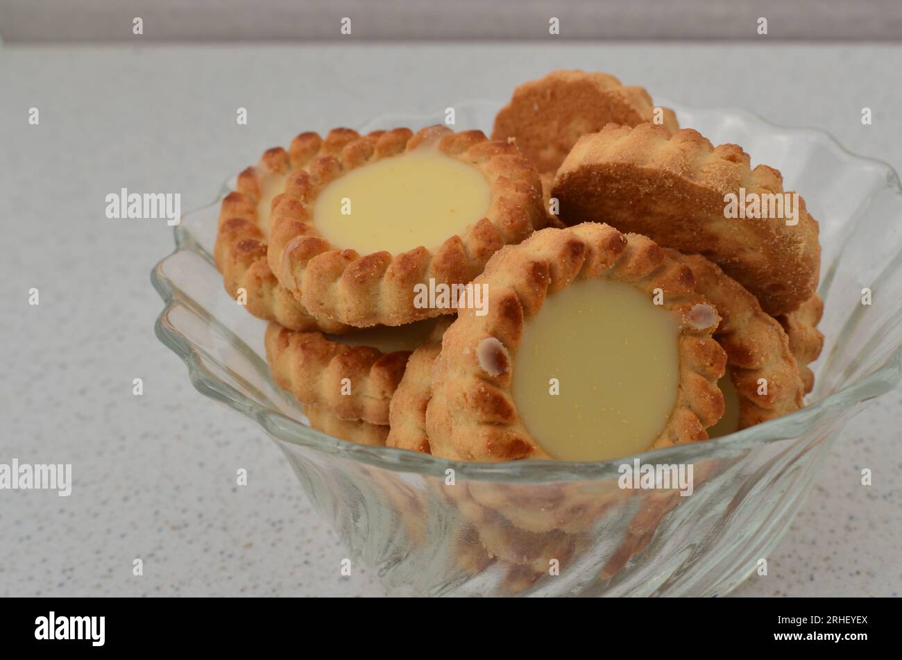 Close-up of delicious biscuits in the form of tartlets filled with ...