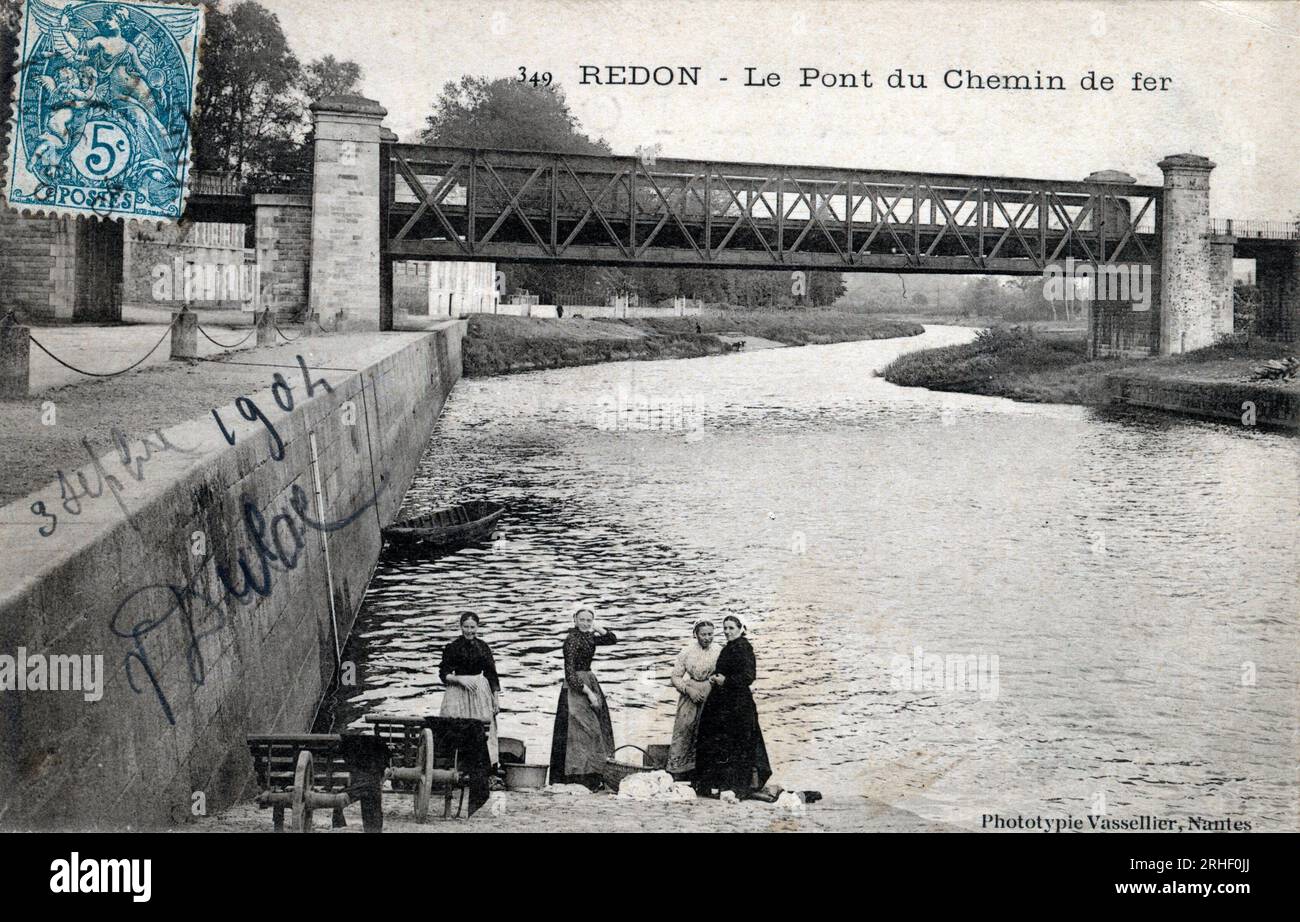 Bretagne, Ille et Vilaine (35), Redon : le pont du chemin de fer - Carte postale datee 1904 ...