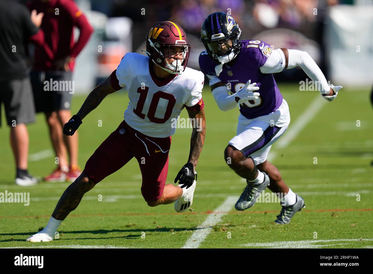 Washington Commanders wide receiver Kazmeir Allen (10) runs a route ...