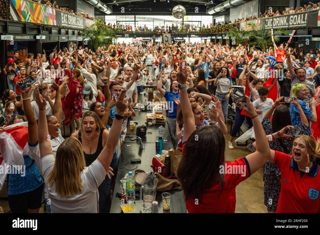 London, UK. 16 August 2023. England fans at BOXPARK Wembley Park ...