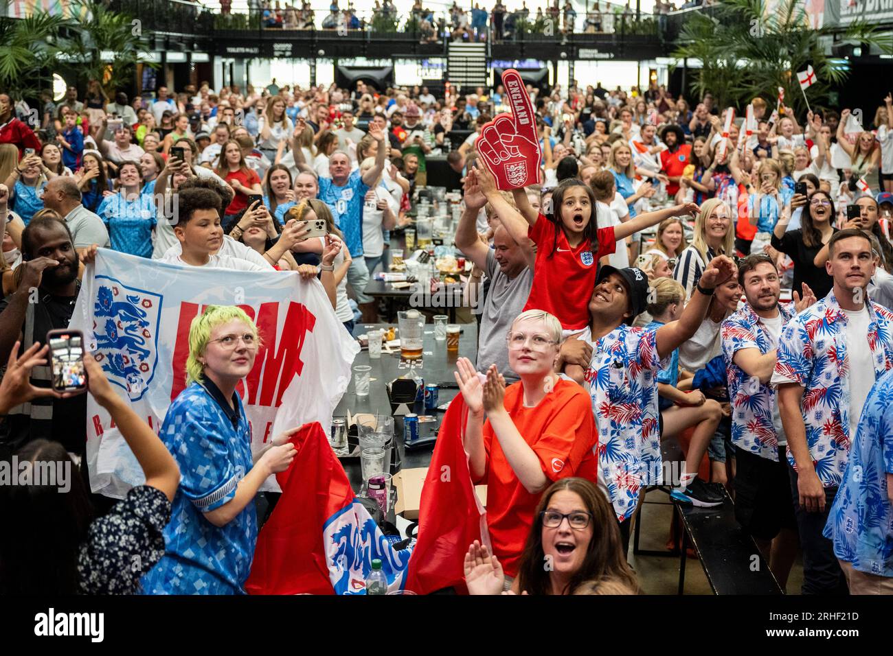London, UK. 16 August 2023. England fans at BOXPARK Wembley Park ...