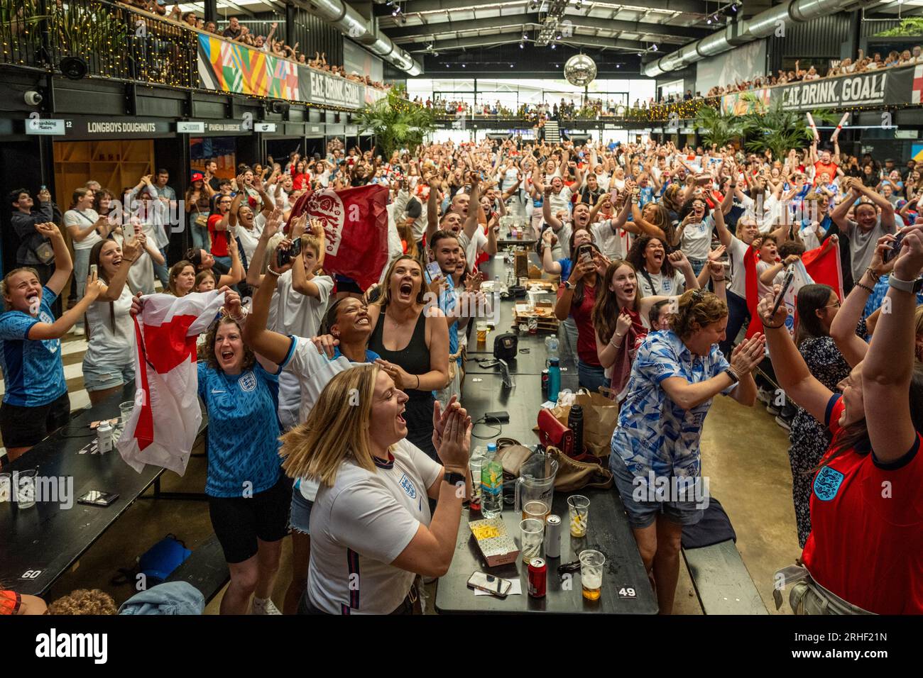 London, UK. 16 August 2023. England fans at BOXPARK Wembley Park ...