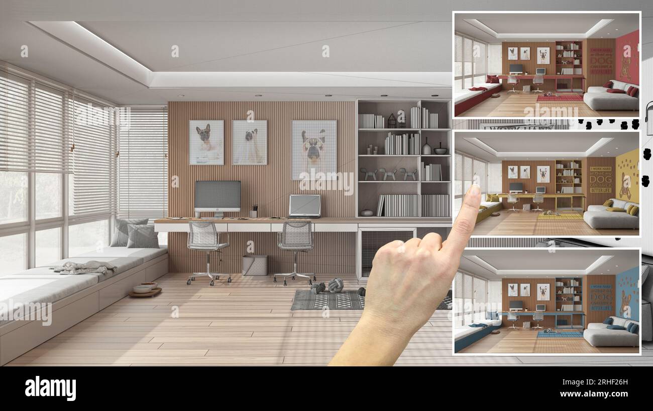 Architect designer concept, hand showing pet friendly home corner ...