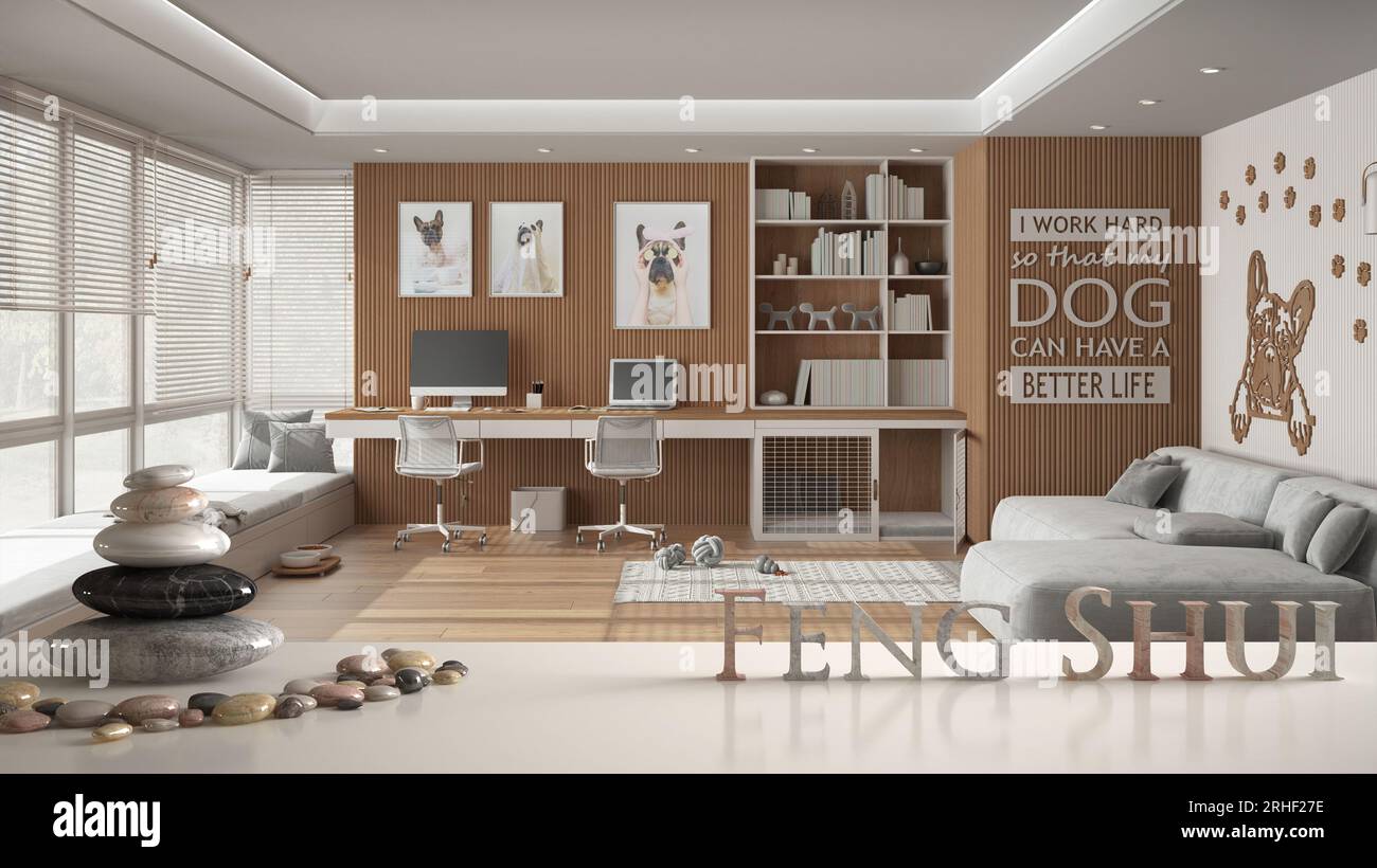 White table shelf with pebble balance and 3d letters making the word ...