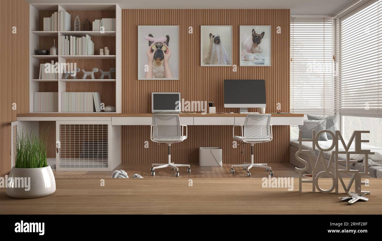 Wooden table, desk or shelf with potted grass plant, house keys and 3D ...