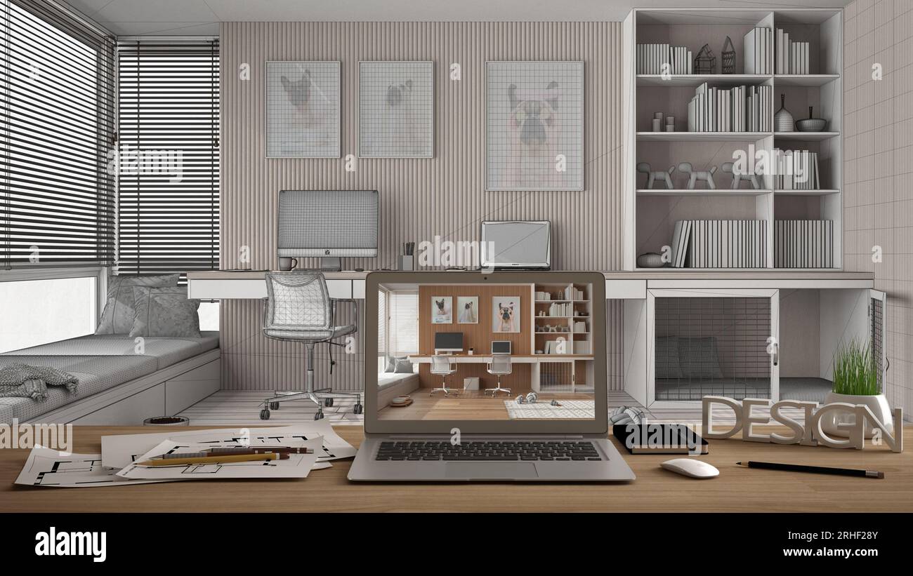 Architect designer desktop concept, laptop on wooden work desk with ...