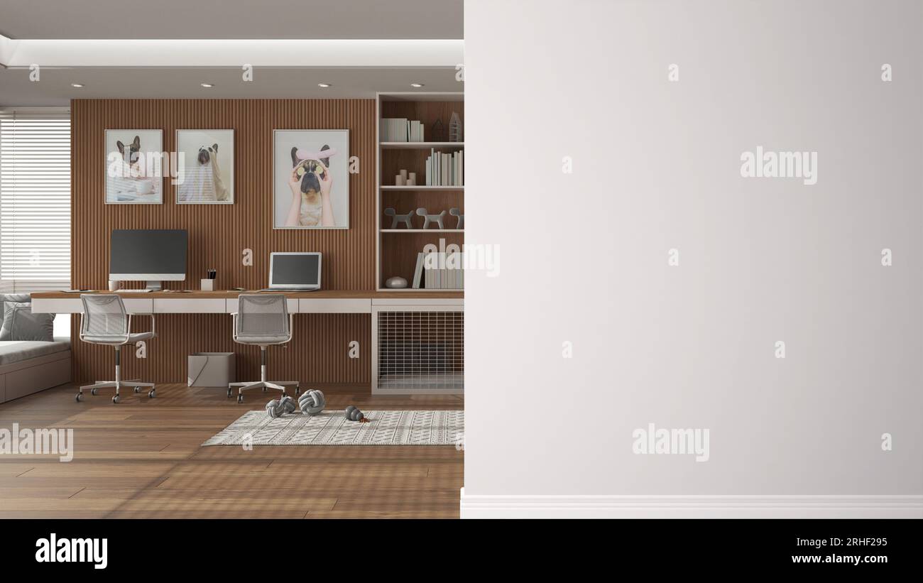 Modern white and wooden pet friendly home office with desk and dog bed ...