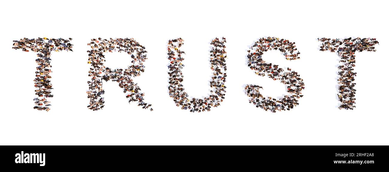 Conceptual large community of people forming TRUST word. 3d ...