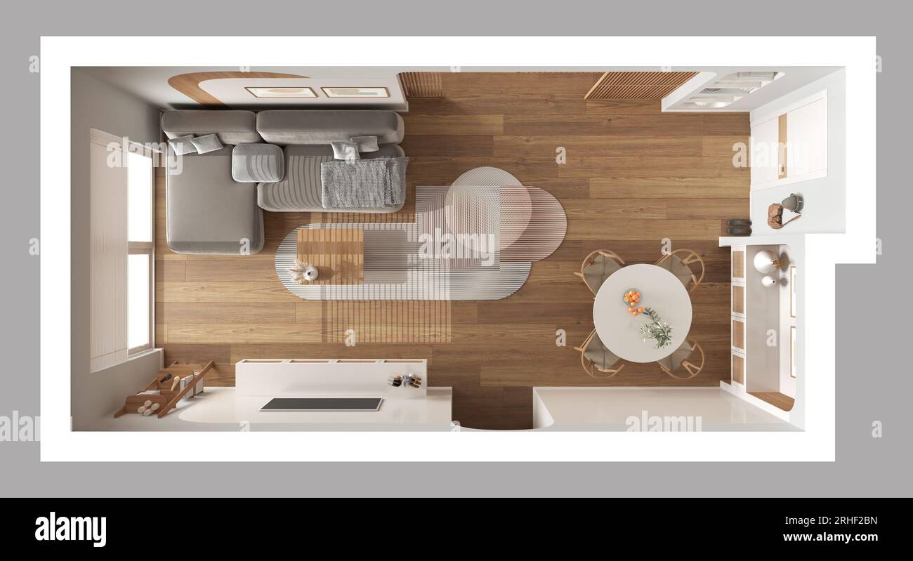 Contemporary wooden dining and living room in white tones, sofa with ...