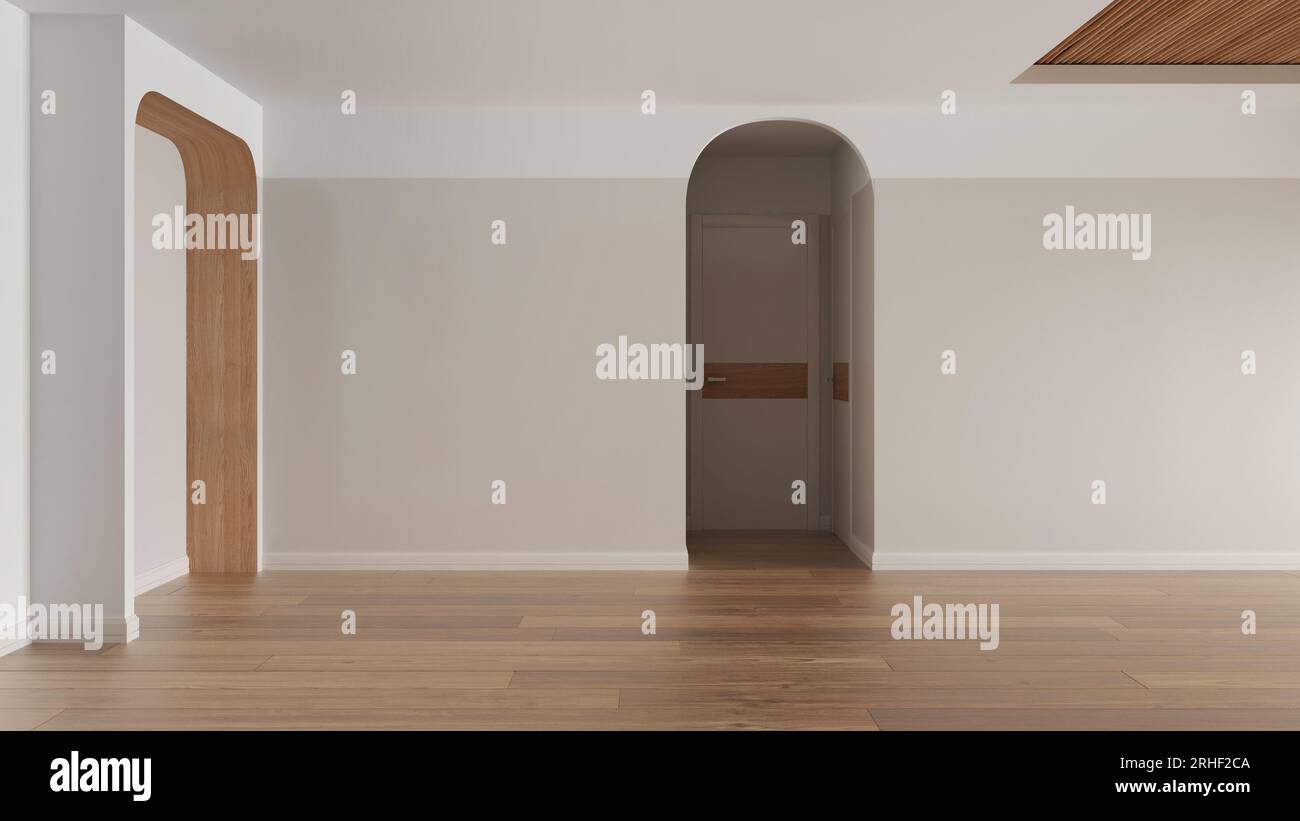 Empty room interior design, open space with oak parquet floor, arched ...
