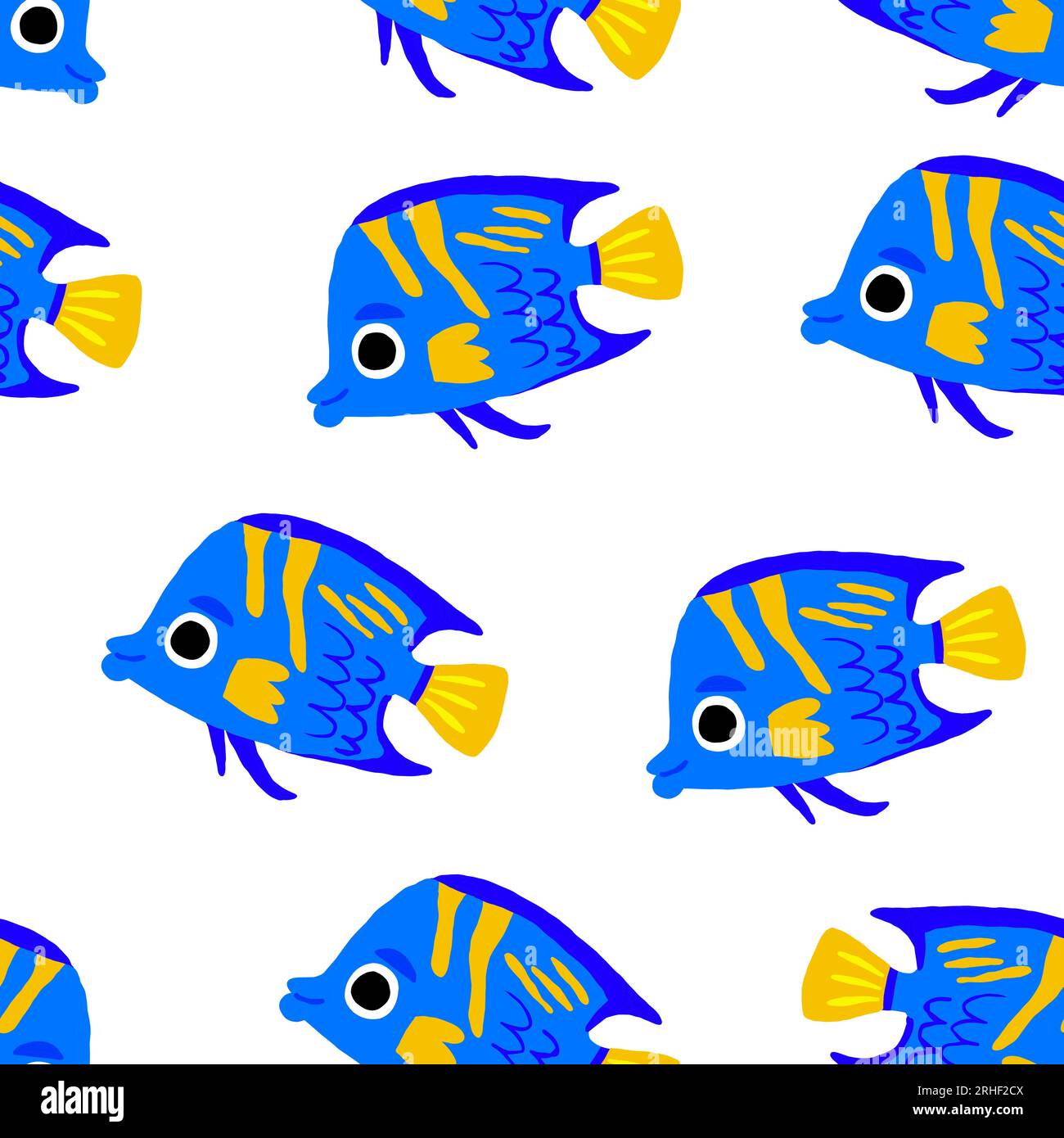 Cute sea fish. Blue tang or Regal tang seamless pattern on white ...