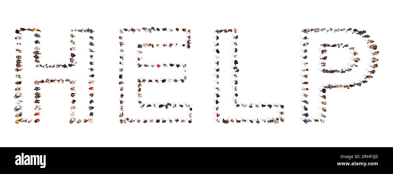 Conceptual large community of people forming HELP slogan. 3d ...
