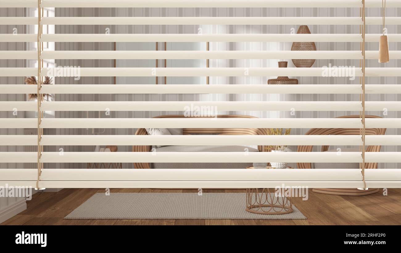 White venetian blinds close up view, over scandinavian living room with ...
