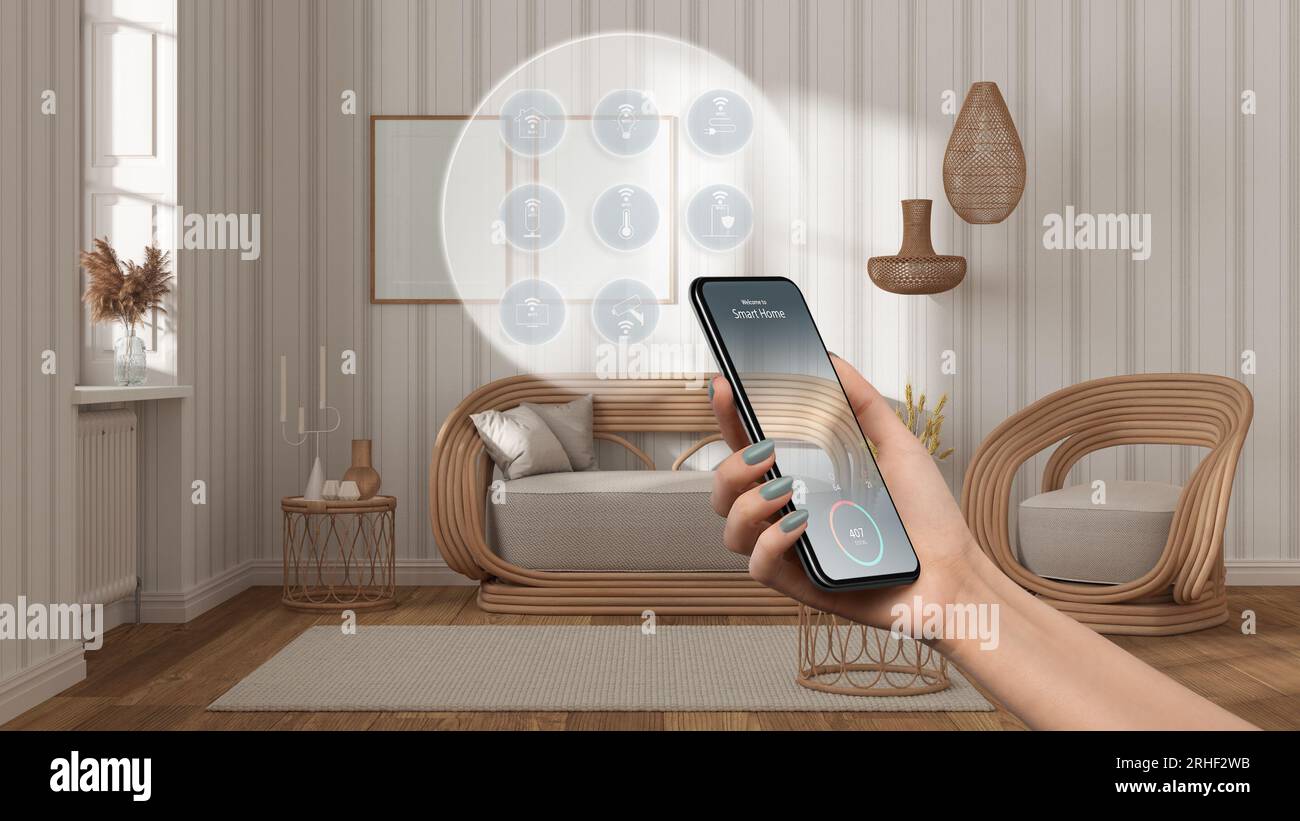 Smart home technology interface on phone app, augmented reality, internet of things, interior ...