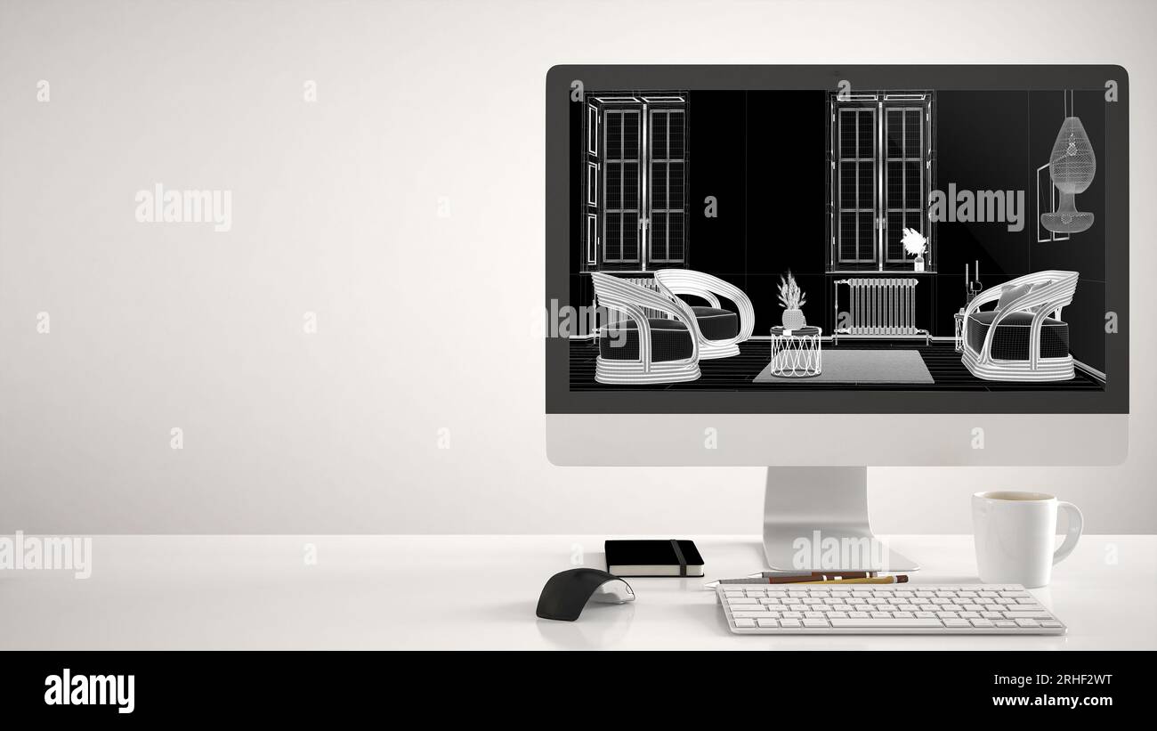Architect house project concept, desktop computer on white background ...