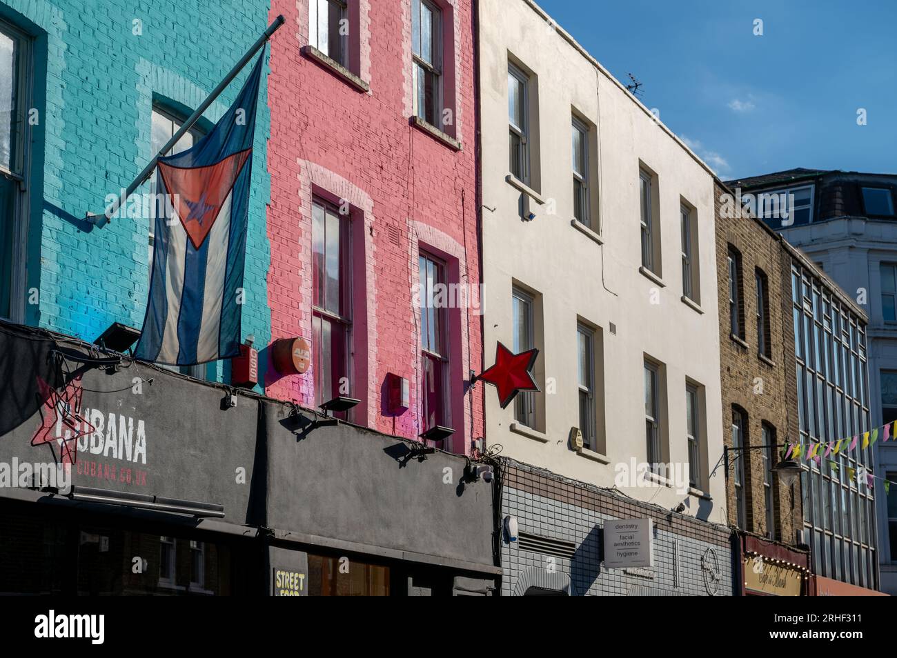 London, UK: Detail of colorful buildings on Lower Marsh, a street with ...