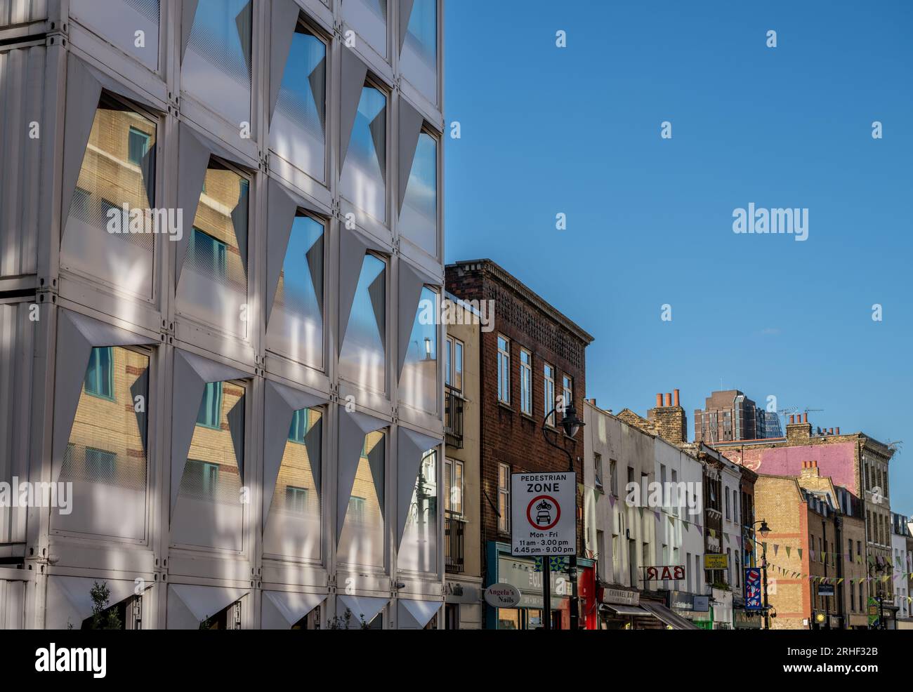 London, UK: Detail of buildings on Lower Marsh, a street with many ...