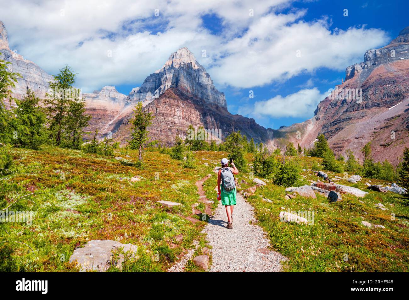 Female Hiker taking Photos with her Cellphone, Larch Valley Hike Banff ...