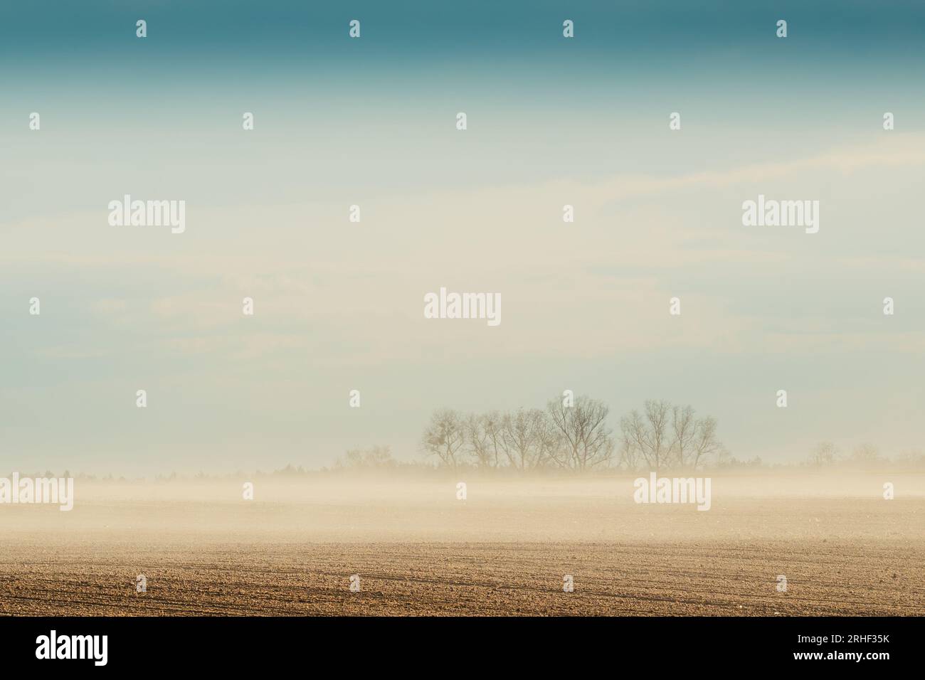 Dust Wind At Field. Dust Cloud On Agricultural Field. Soft Blue Color ...