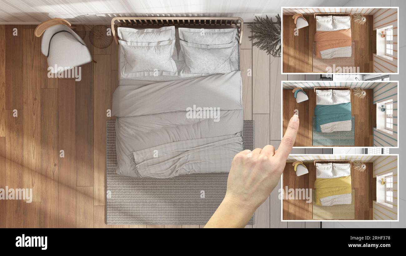 Architect designer concept, hand showing cozy bedroom with wooden bed ...