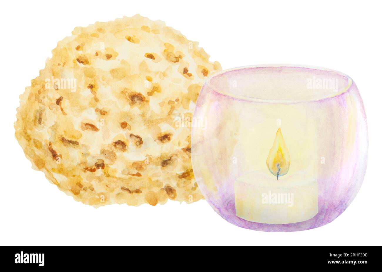 Yellow sea sponge and violet glass candlestick with candle, vase ...