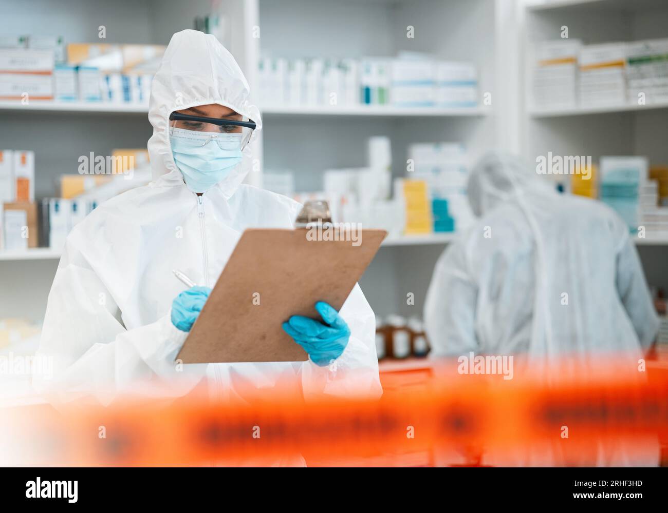 Pharmacy clipboard, red tape and people inspection of hospital medicine ...