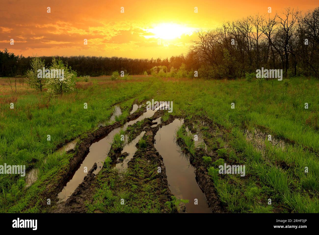 Landscape with wet dirt roads on sunset sky background. take it in ...