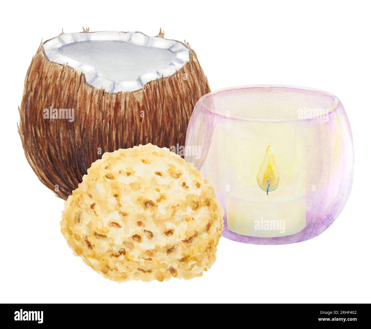 Yellow sea sponge, coconaut and violet glass candlestick with candle ...