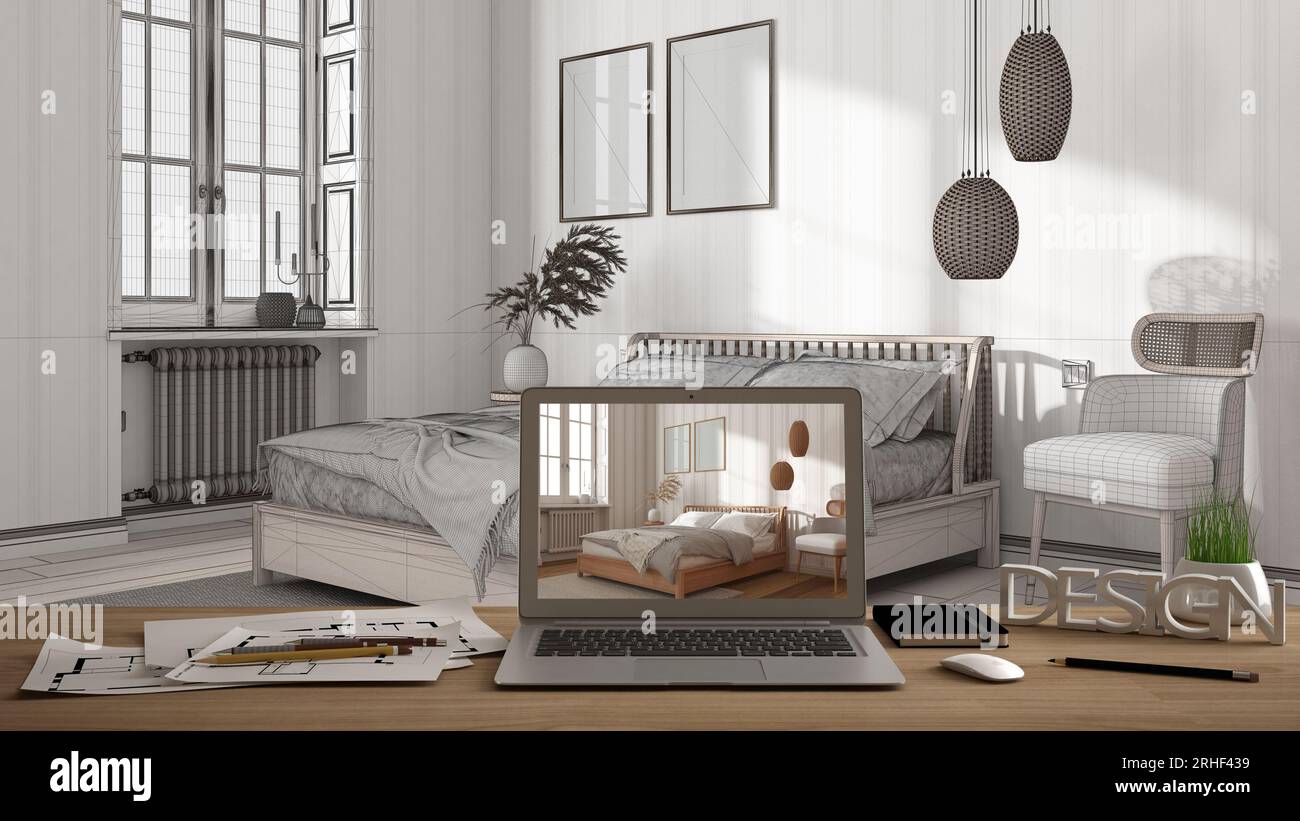 Architect designer desktop concept, laptop on wooden work desk with ...