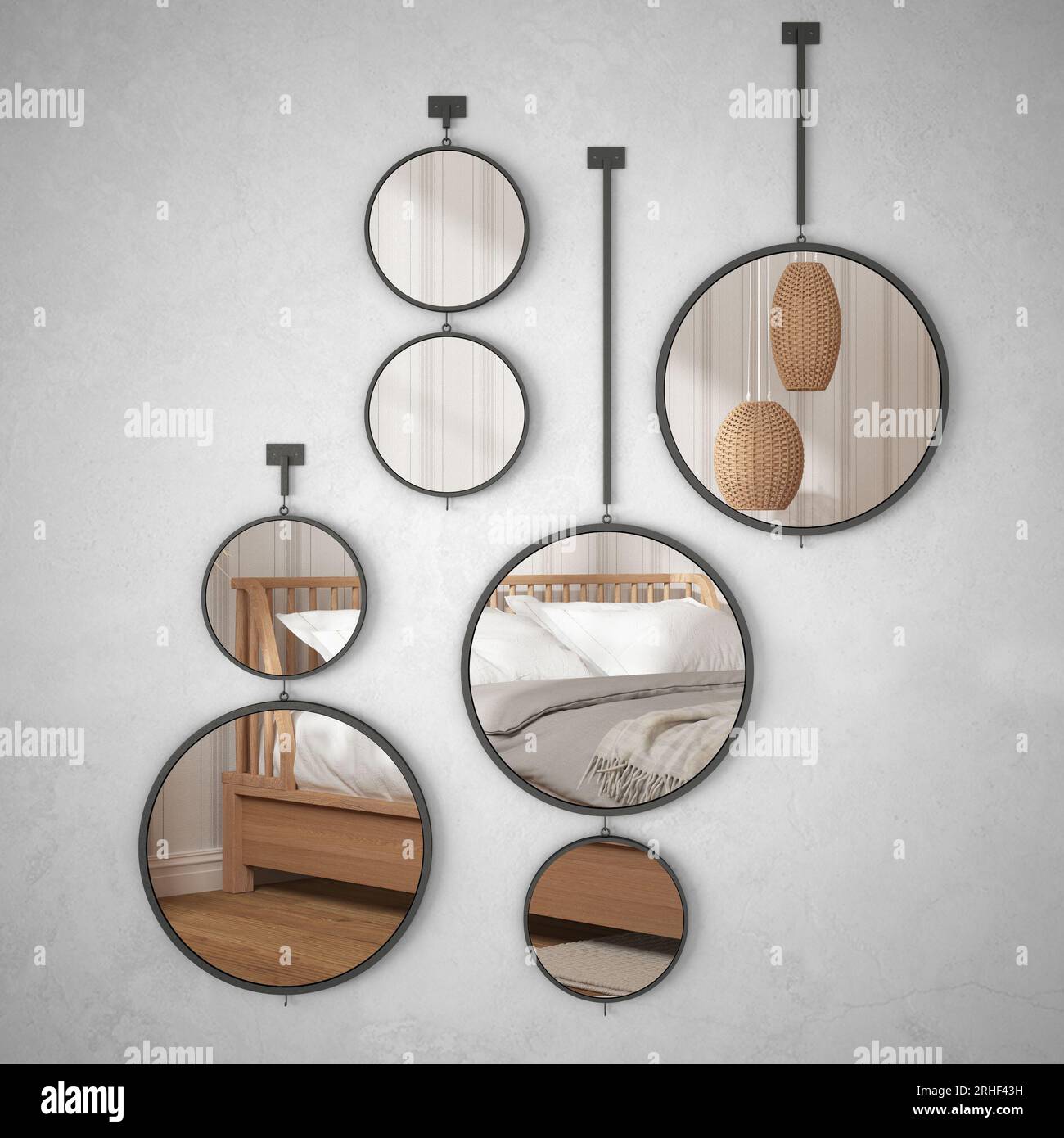 Round mirrors hanging on the wall reflecting interior design scene ...