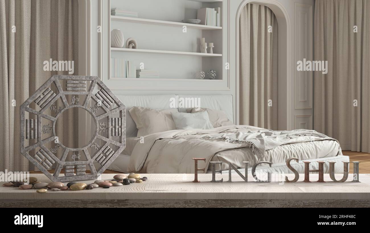 Wooden vintage table shelf with ba gua and 3d letters making the word ...