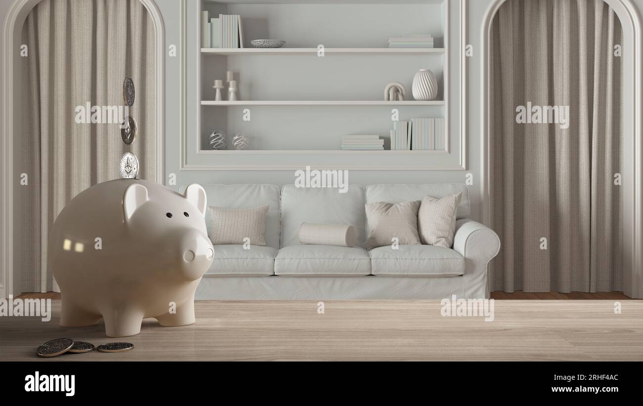 Wooden table top or shelf with white piggy bank with coins, classic ...