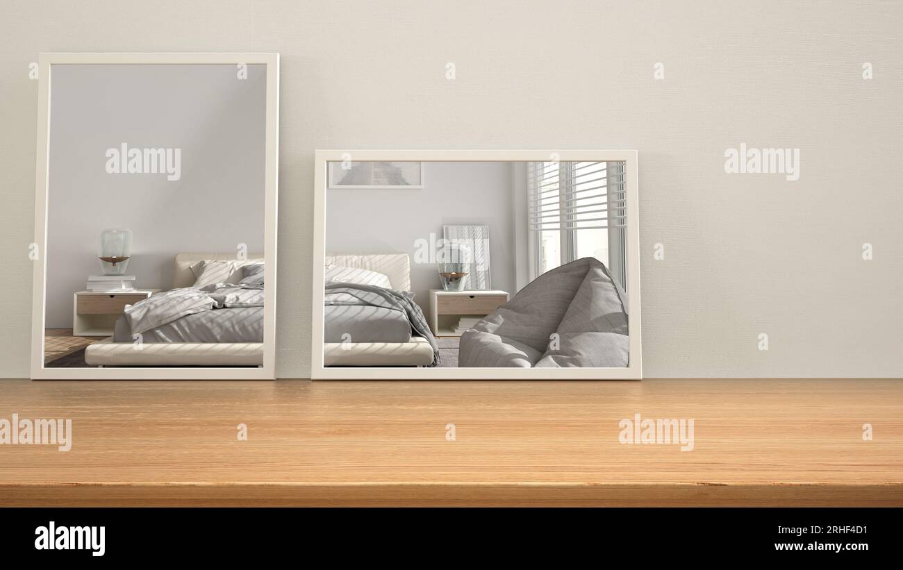Minimalist mirrors on wooden table, desk or shelf reflecting interior ...