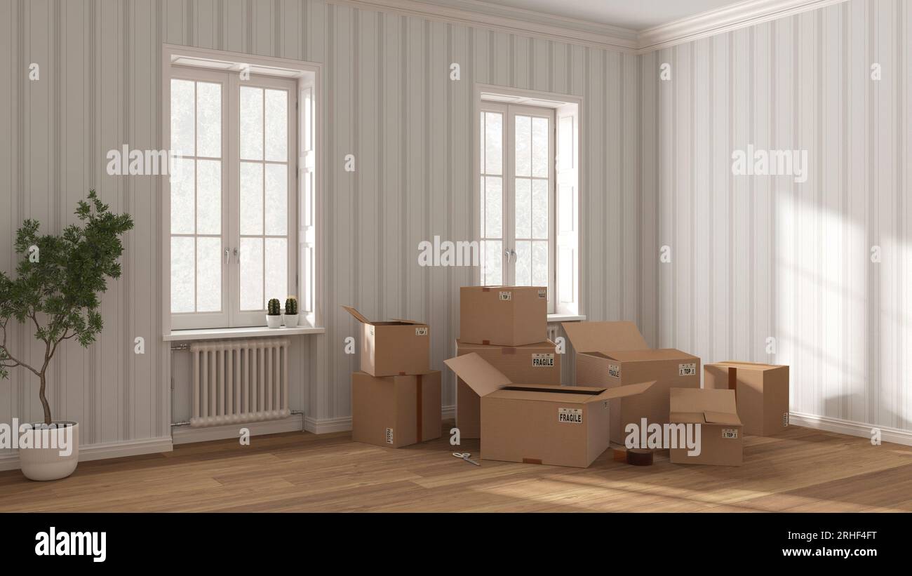 Cardboard carton boxes stack in modern empty room, interior design ...