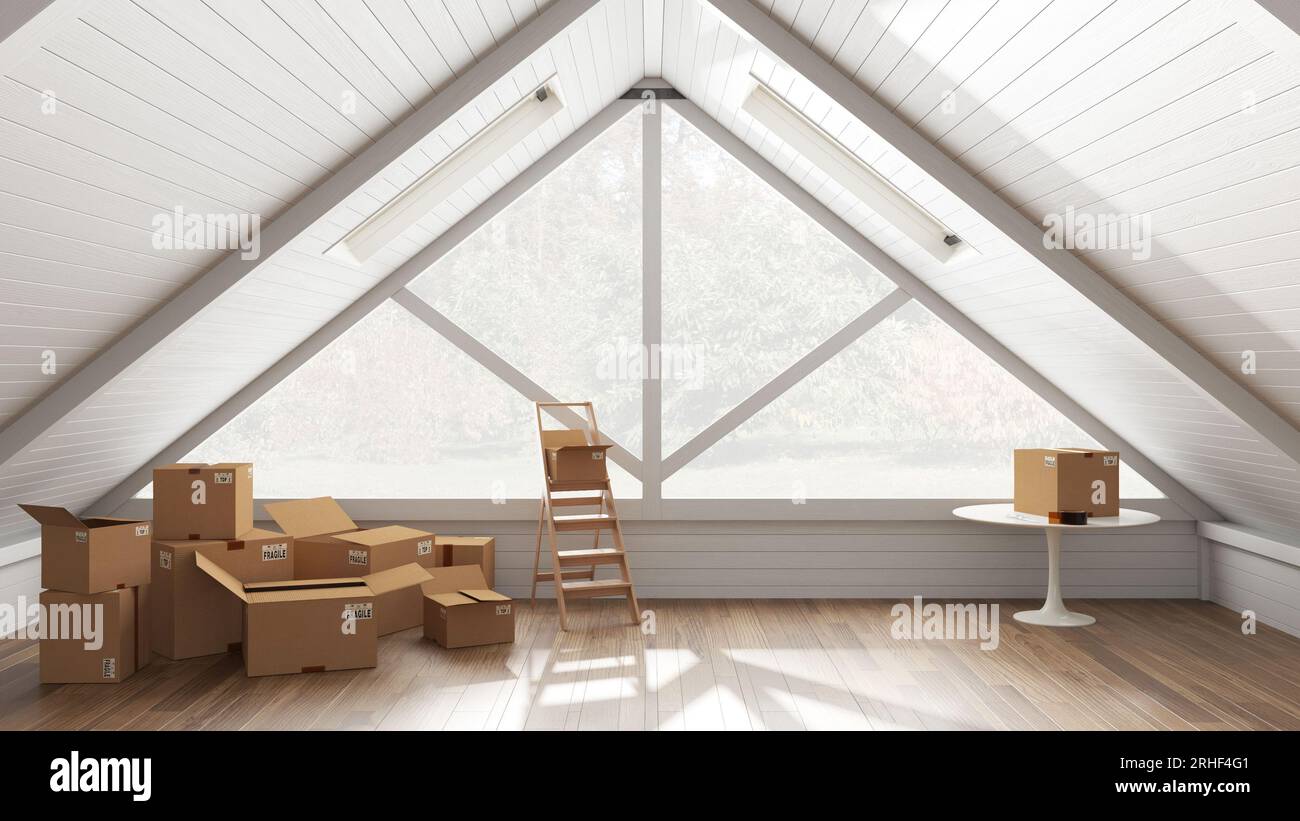 Cardboard carton boxes stack in modern empty room, wooden step ladder ...