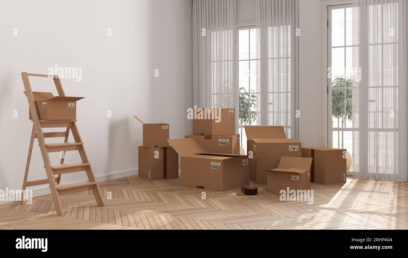 Cardboard carton boxes stack in modern empty room, wooden step ladder ...