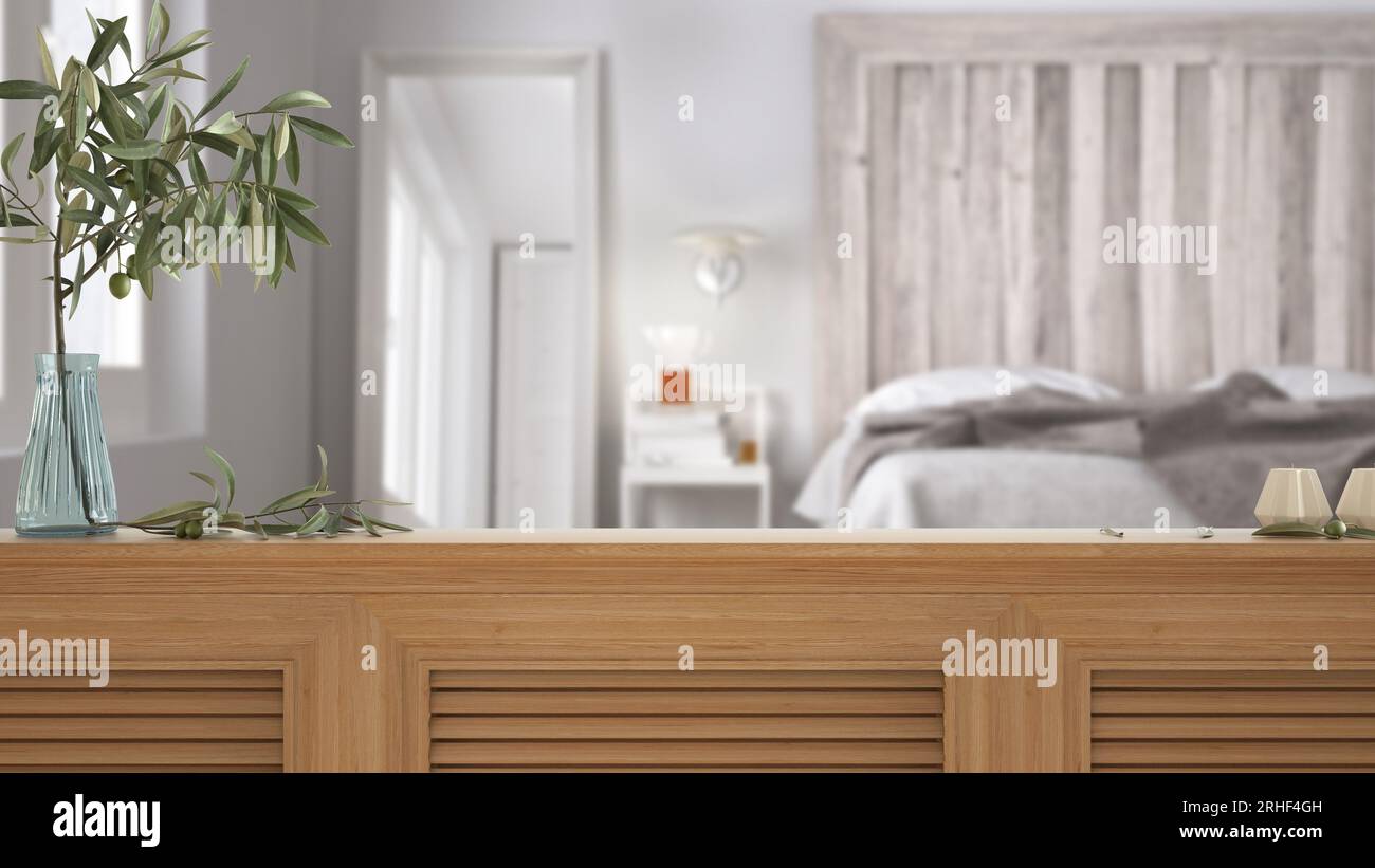 Wooden table top, cabinet, panel or shelf with shutters close up. Olive ...