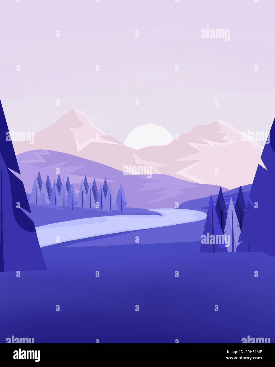 Cartoon Drawing of the Mountain Range with River and Trees at Sunset ...